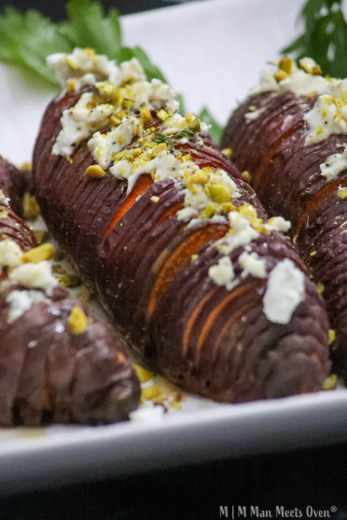 Goat Cheese Hasselback Sweet Potatoes - Man Meets Oven