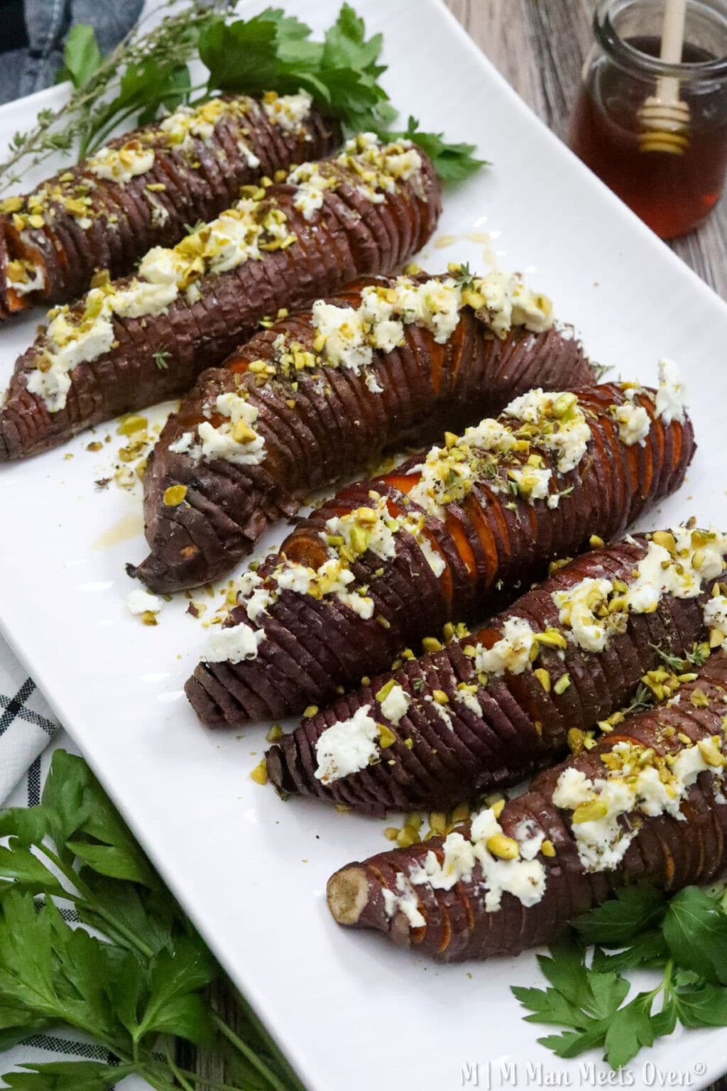 Goat Cheese Hasselback Sweet Potatoes - Man Meets Oven