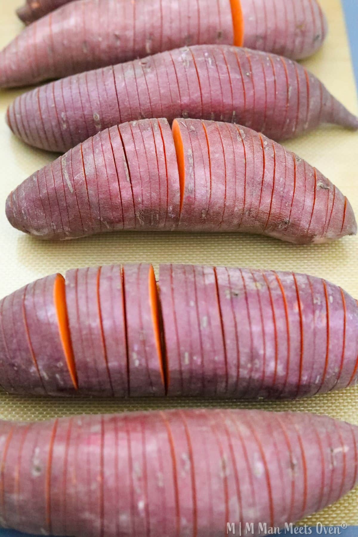 Goat Cheese Hasselback Sweet Potatoes - Man Meets Oven